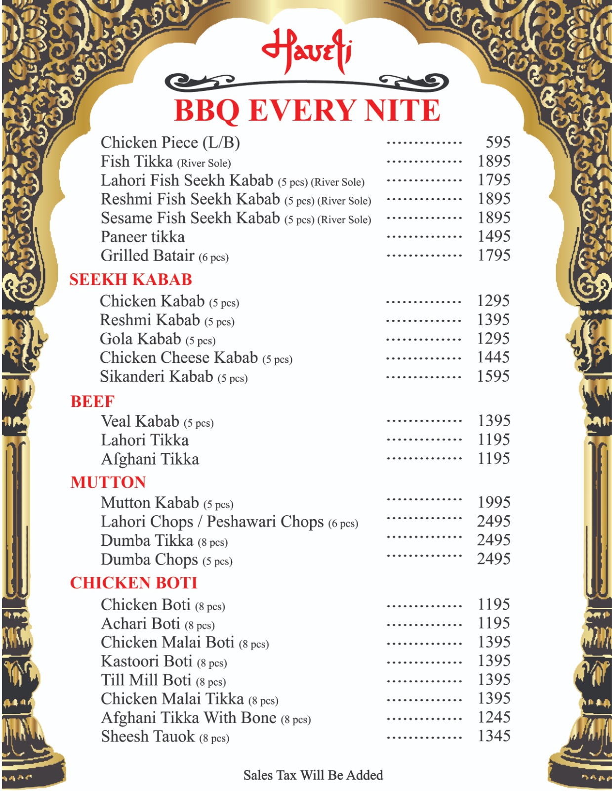 Haveli Restaurant Lahore Menu 2025